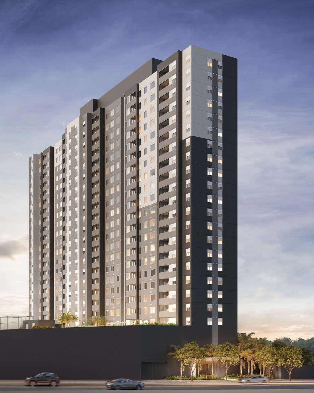 Fachada do Edifício Vivaz Prime Belenzinho cercado por árvores decorativas e o fundo um céu de ...